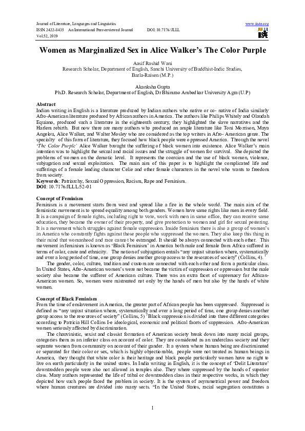 (PDF) Women as Marginalized Sex in Alice Walker’s The Color Purple
