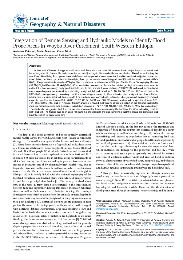 Pdf Integration Of Remote Sensing And Hydraulic Models To Identify Flood Prone Areas In Woybo