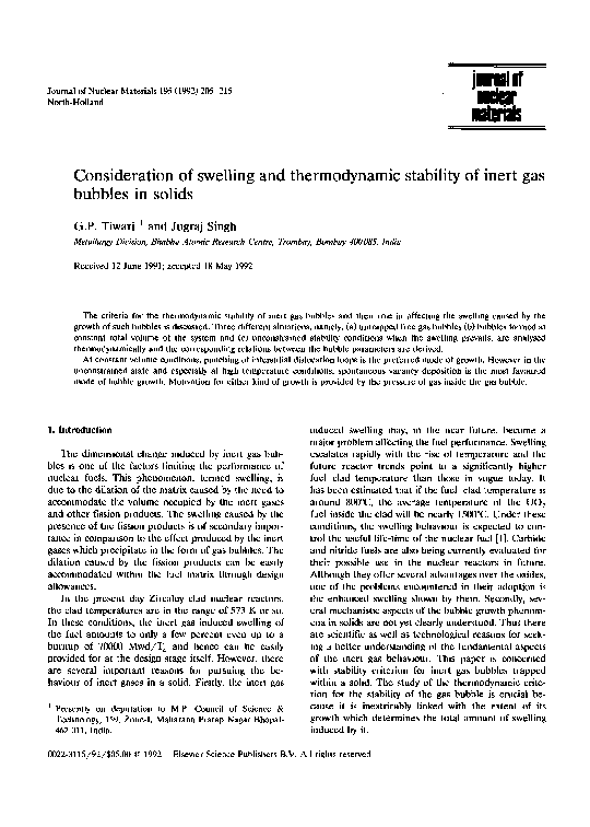 (PDF) Consideration of swelling and thermodynamic stability of inert ...