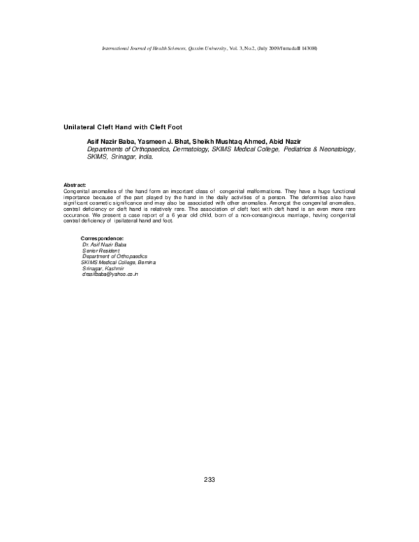 (PDF) Unilateral cleft hand with cleft foot | Asif Baba - Academia.edu