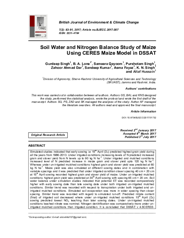 (PDF) Soil Water and Nitrogen Balance Study of Maize Using CERES Maize ...