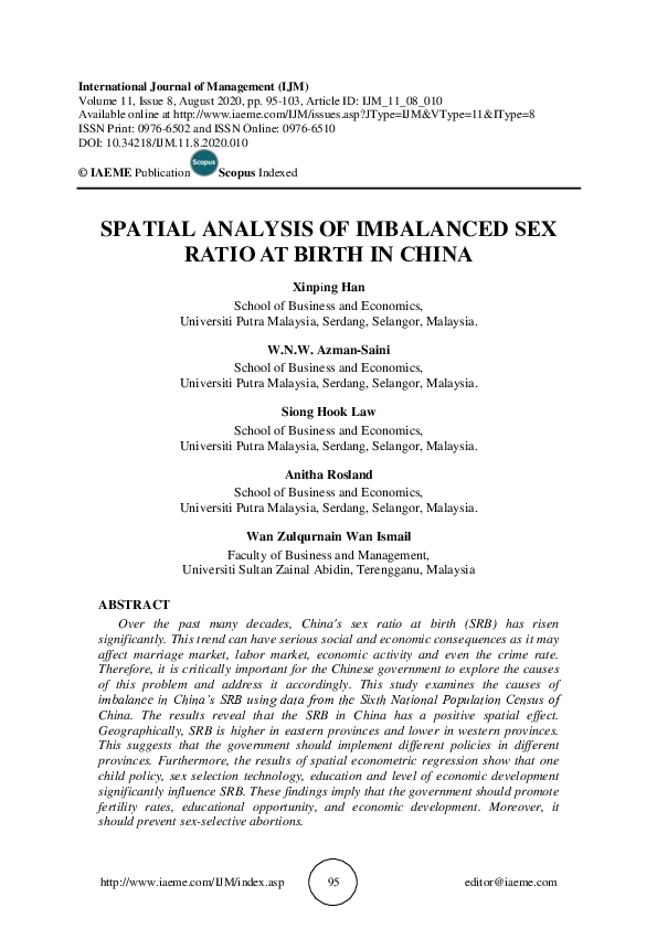 Spatial Analysis Of Imbalanced Sex Ratio At Birth In China