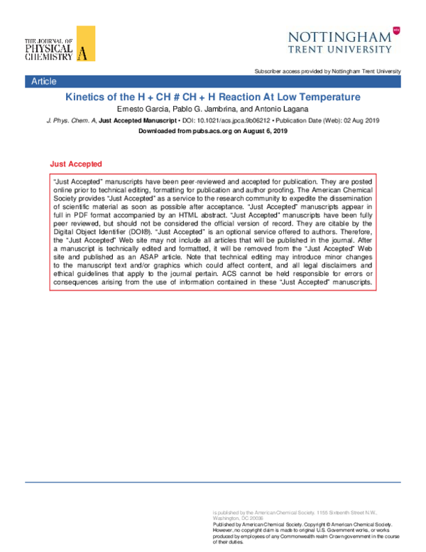 (PDF) Kinetics Of The H + CH2 → CH + H2 Reaction At Low Temperature