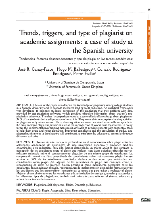 (PDF) Trends, triggers, and type of plagiarist on academic assignments: a case of study at the ...
