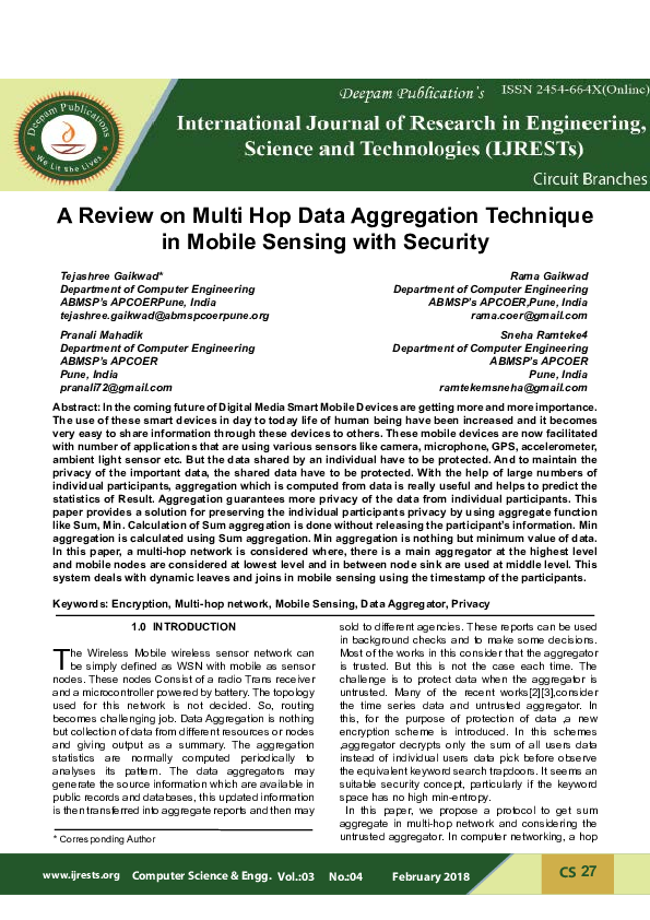 (PDF) A Review on Multi Hop Data Aggregation Technique in Mobile Sensing with Security