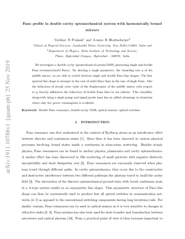 (PDF) Fano profile in a novel double cavity optomechanical system with ...