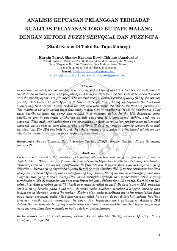 (PDF) ANALISIS KEPUASAN PELANGGAN TERHADAP KUALITAS PELAYANAN TOKO BU TAPE MALANG DENGAN METODE ...