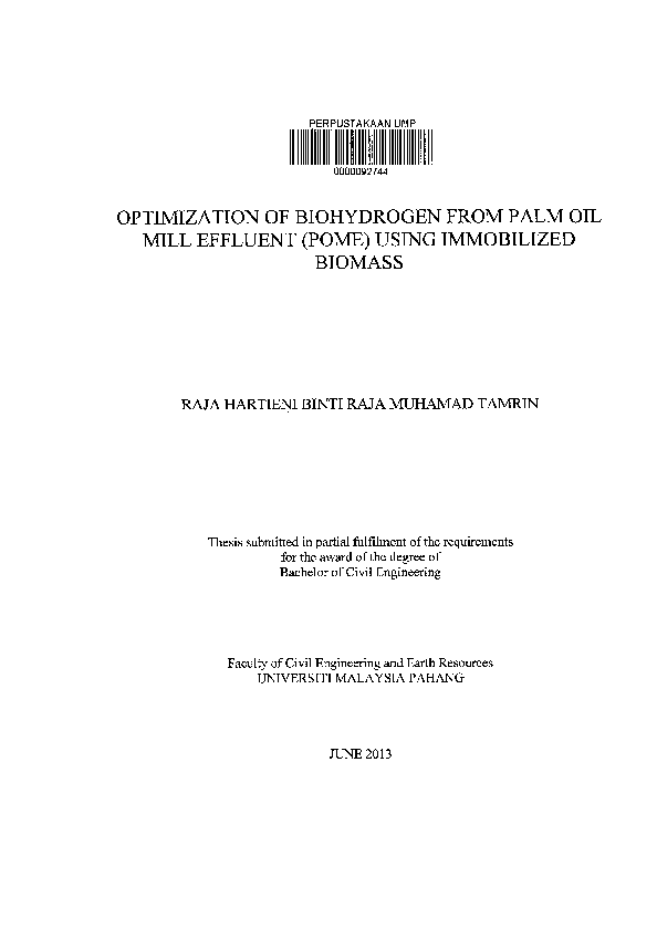 (PDF) Optimization of biohydrogen from palm oil mill effluent (POME) using immobilized biomass