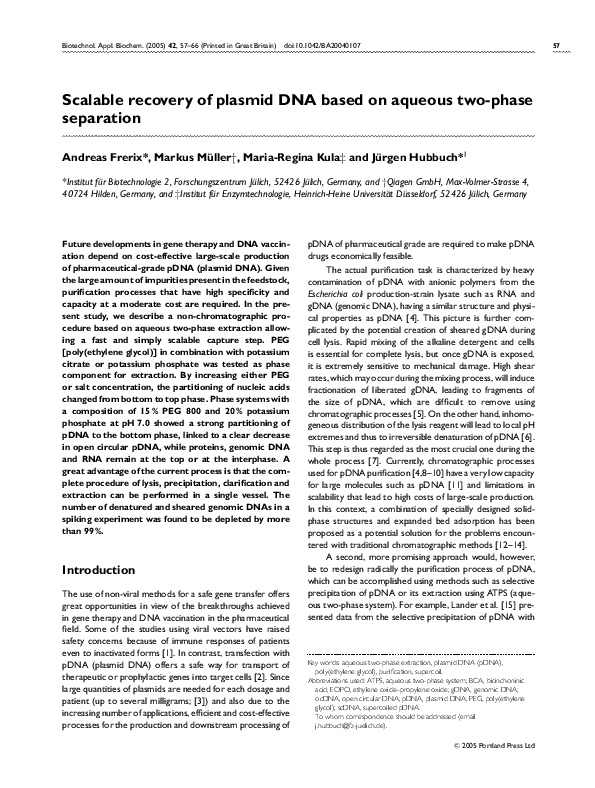 (PDF) Scalable recovery of plasmid DNA based on aqueous two-phase separation
