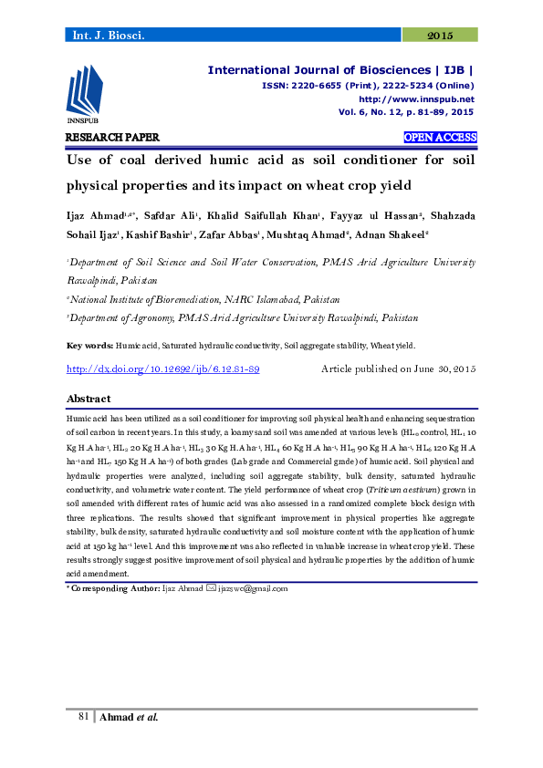 (PDF) Use of coal derived humic acid as soil conditioner for soil ...