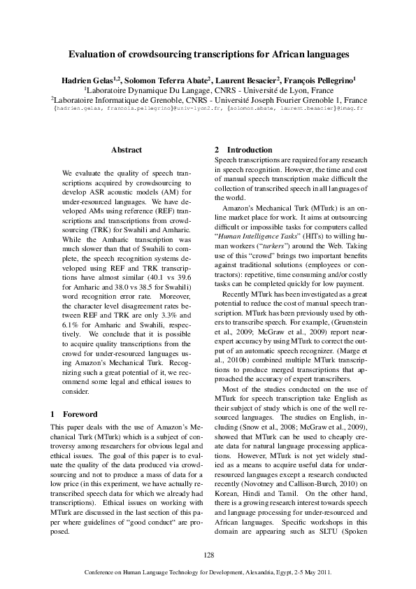 (PDF) Evaluation of crowdsourcing transcriptions for african languages