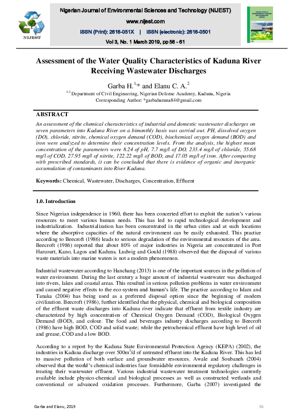 (PDF) Assessment of the Water Quality Characteristics of Kaduna River ...