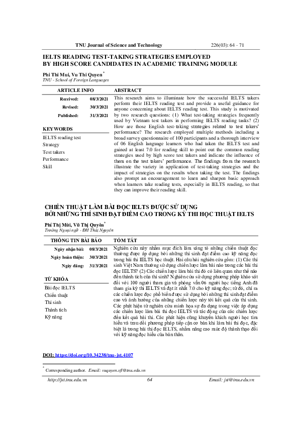 (PDF) Ielts Reading Test-Taking Strategies Employed by High Score ...