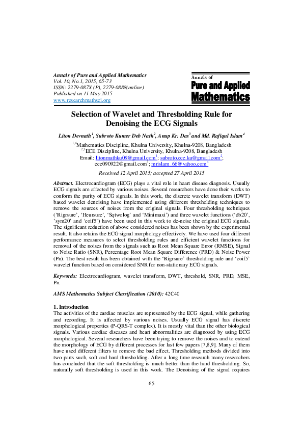 (PDF) Selection of Wavelet and Thresholding Rule for Denoising the ECG Signals