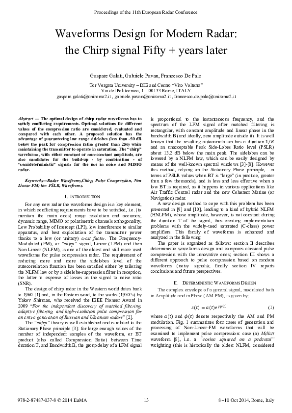 (PDF) Waveforms design for modern radar: The chirp signal Fifty + years later | Gaspare GALATI ...