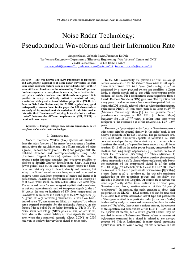 (PDF) Noise radar technology: Pseudorandom waveforms and their information rate