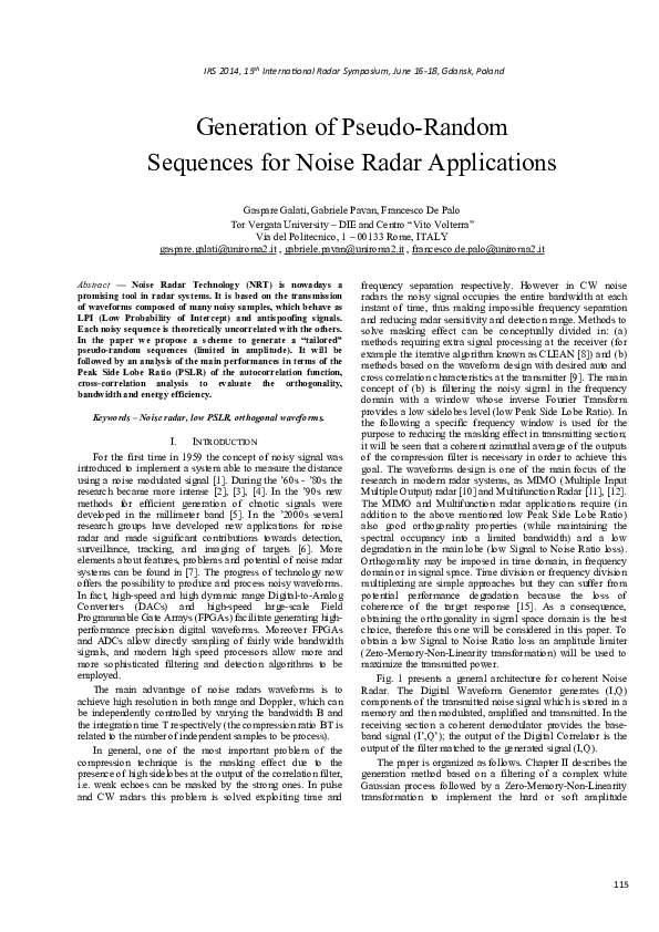 Pdf Generation Of Pseudo Random Sequences For Noise Radar