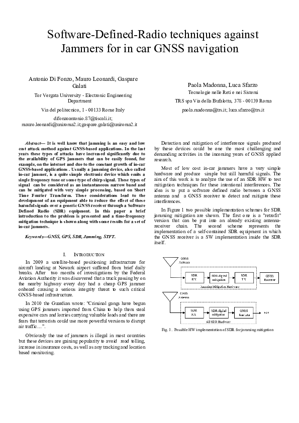 (PDF) Software-Defined-Radio techniques against jammers for in car GNSS navigation | Gaspare ...