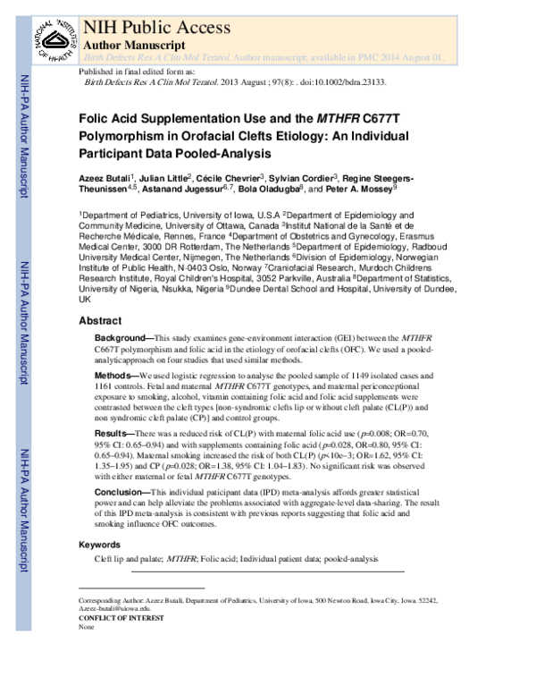 (PDF) Folic acid supplementation use and the MTHFR C677T polymorphism in orofacial clefts ...