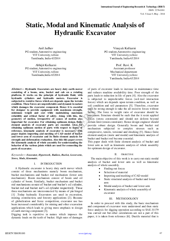 (PDF) Static, Modal and Kinematic Analysis of Hydraulic Excavator