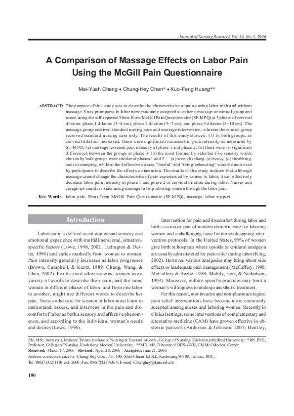 (PDF) A Comparison of Massage Effects on Labor Pain Using the McGill ...