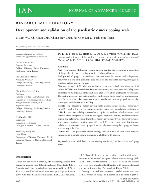 (PDF) Development and validation of the paediatric cancer coping scale
