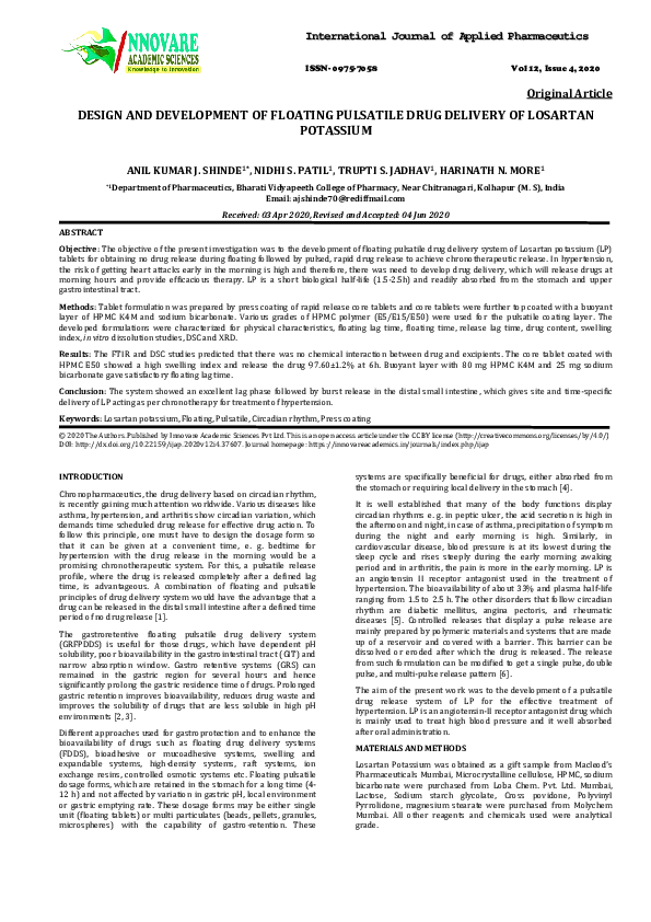 Pdf Design And Development Of Floating Pulsatile Drug Delivery Of Losartan Potassium Original