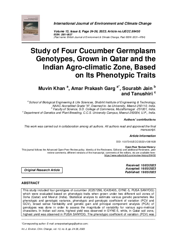 (PDF) Study of Four Cucumber Germplasm Genotypes, Grown in Qatar and ...