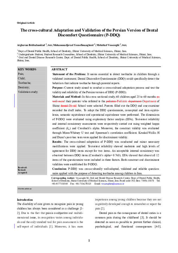 Pdf The Cross Cultural Adaptation And Validation Of The Persian Version Of Dental Discomfort