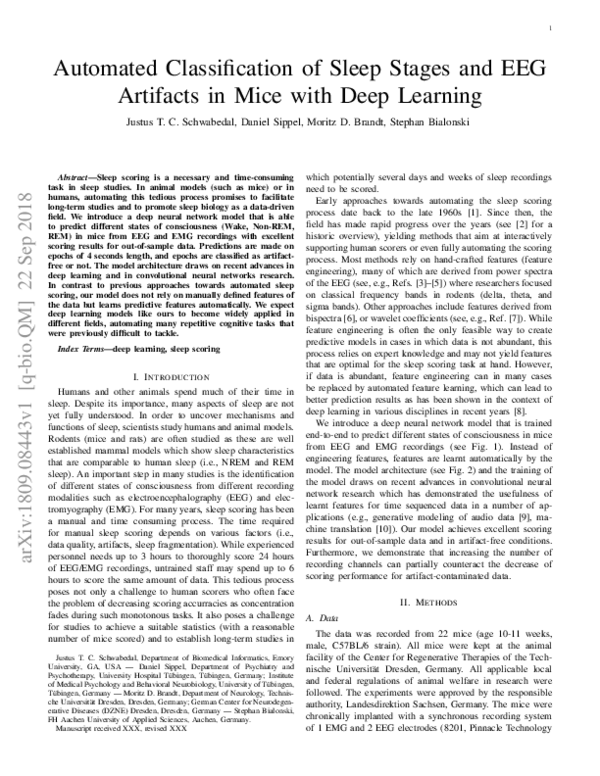 Pdf Automated Classification Of Sleep Stages And Eeg Artifacts In Mice With Deep Learning
