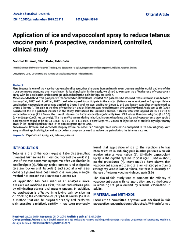 (PDF) Application of ice and vapocoolant spray to reduce tetanus ...