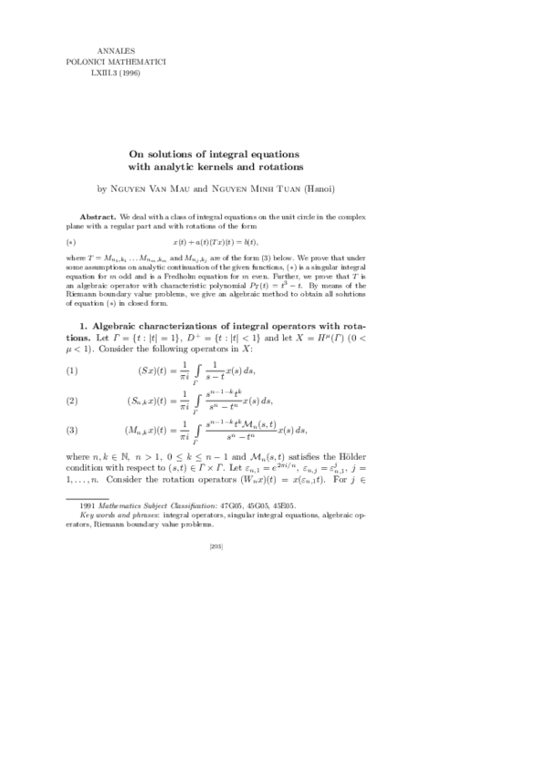 (PDF) On solutions of integral equations with analytic kernels and rotations
