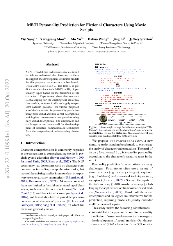 (PDF) MBTI Personality Prediction for Fictional Characters Using Movie ...