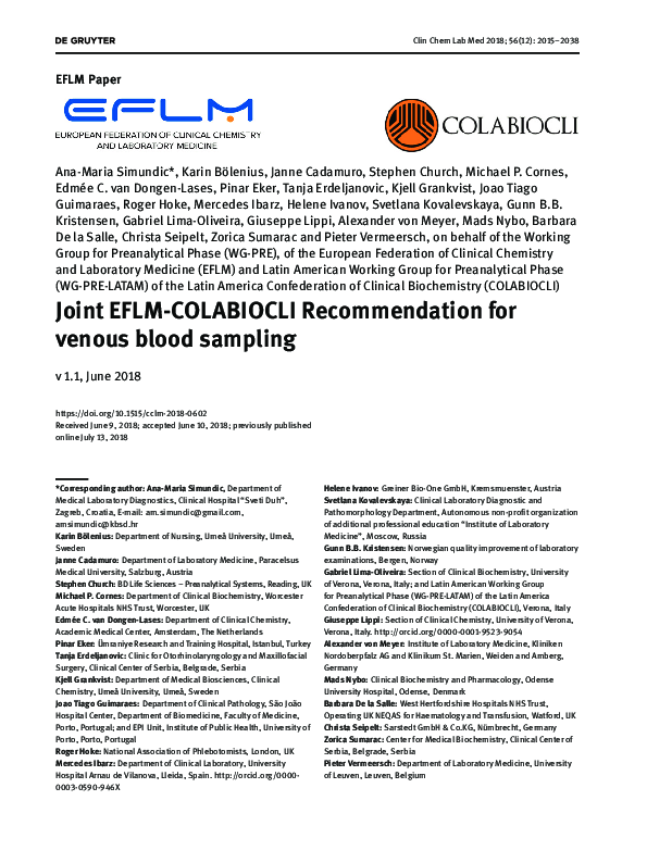 (PDF) Joint EFLM-COLABIOCLI Recommendation for venous blood sampling