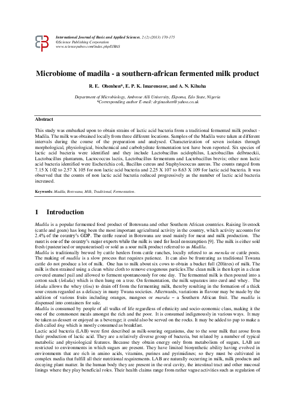 (PDF) Microbiome of madila - a southern-african fermented milk product