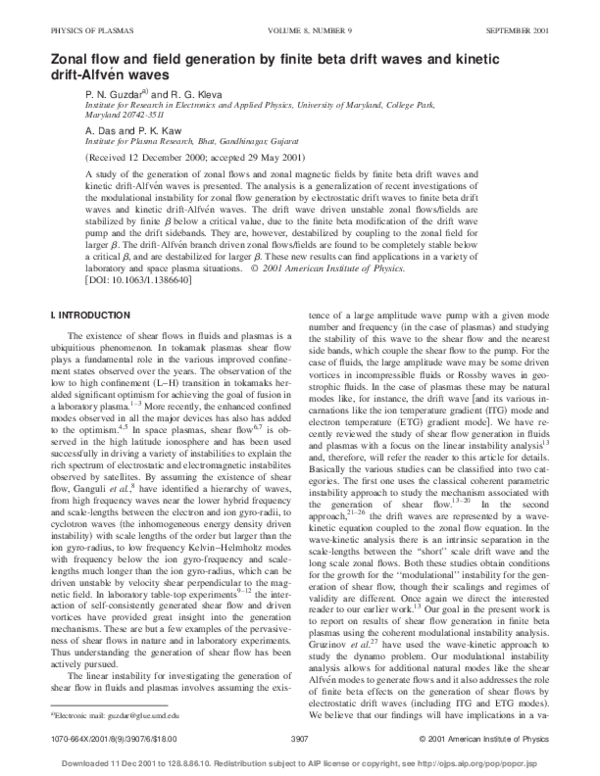 (PDF) Zonal flow and field generation by finite beta drift waves and kinetic drift-Alfvén waves