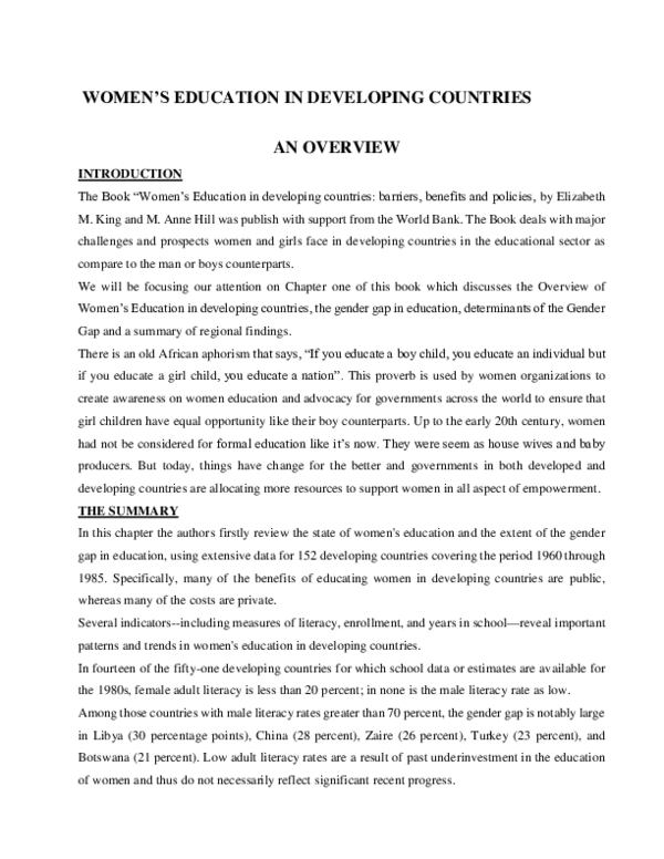 (PDF) WOMEN'S EDUCATION IN DEVELOPING COUNTRIES AN OVERVIEW