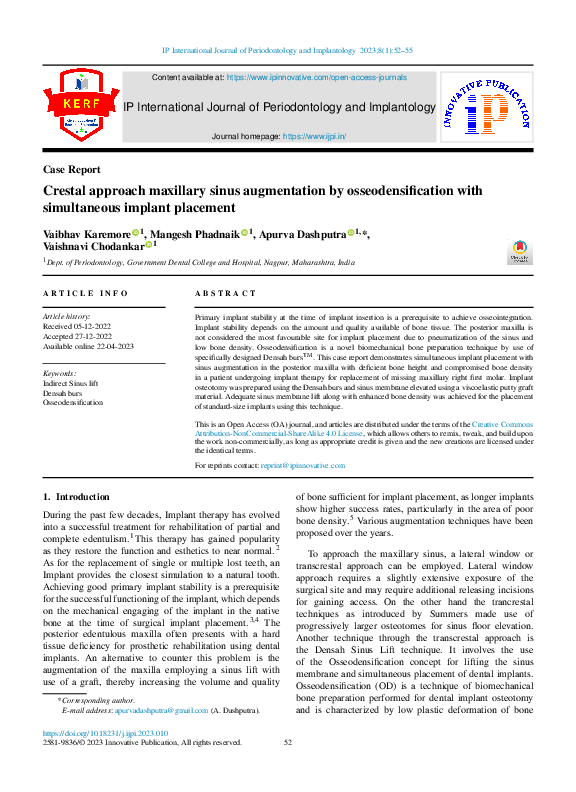 (PDF) Crestal approach maxillary sinus augmentation by ...