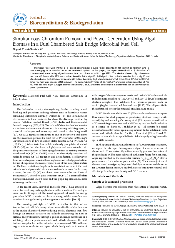 (PDF) Simultaneous Chromium Removal and Power Generation Using Algal ...