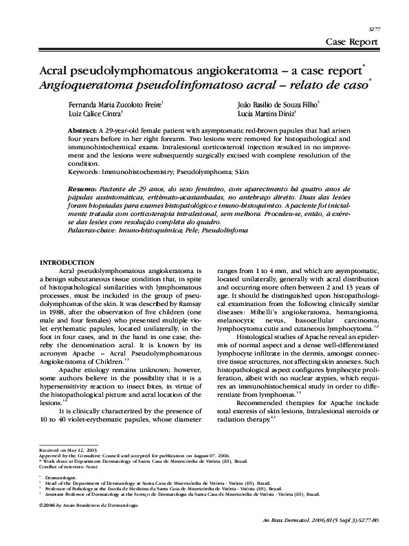 (PDF) Angioqueratoma pseudolinfomatoso acral: relato de caso | Samuel H Mandelbaum - Academia.edu