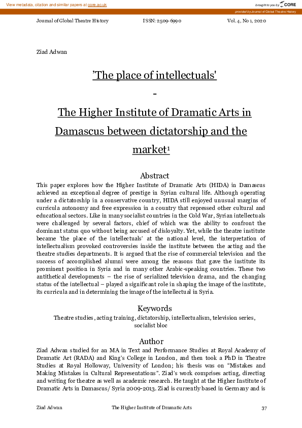 (PDF) ’The place of intellectuals': The Higher Institute of Dramatic Arts in Damascus between ...