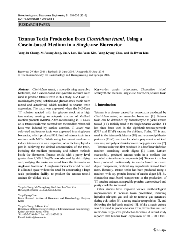 (PDF) Tetanus toxin production from Clostridium tetani, using a casein ...