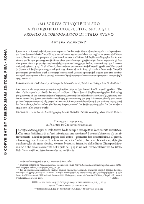 (PDF) «Mi scriva dunque un suo autoprofilo completo». Nota sul Profilo ...