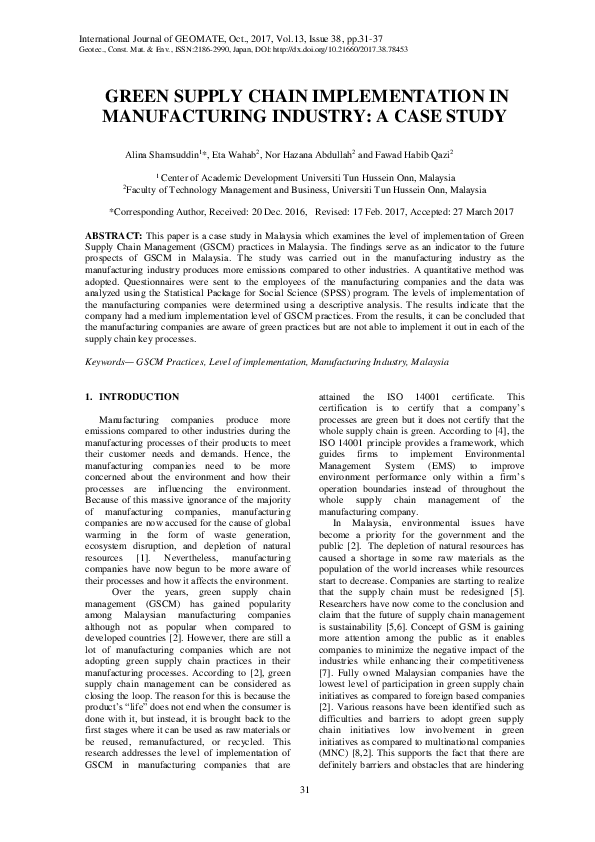 (PDF) Green Supply Chain Implementation in Manufacturing Industry: A ...