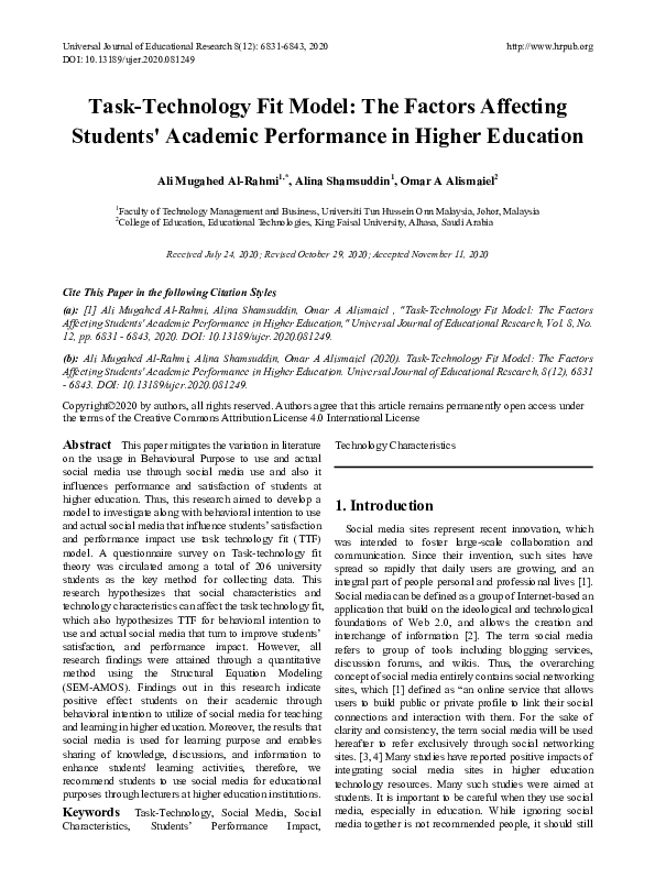 (PDF) Task-Technology Fit Model: The Factors Affecting Students ...