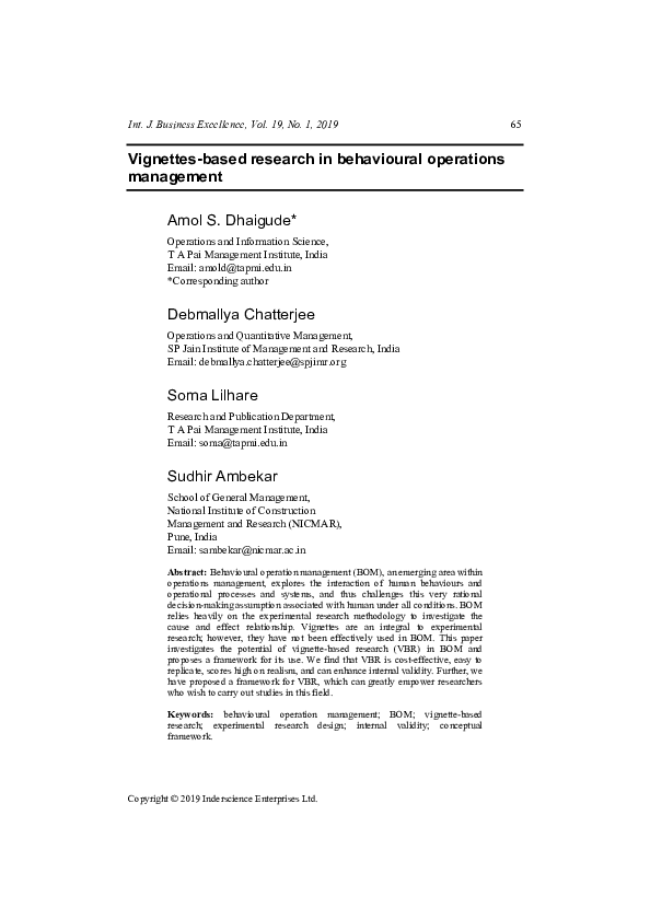 (PDF) Vignettes-based research in behavioural operations management