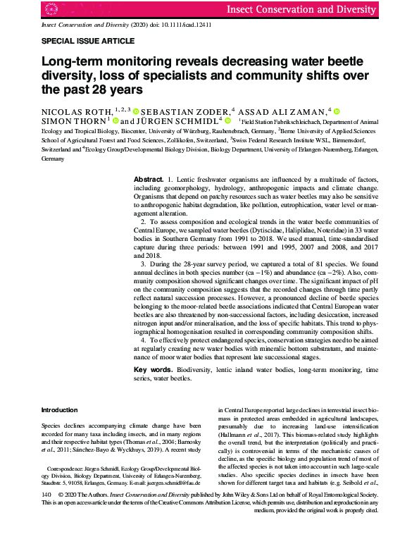(PDF) Long‐term monitoring reveals decreasing water beetle diversity ...