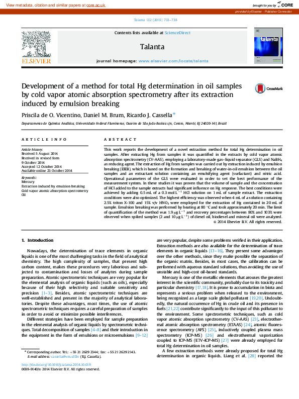 (PDF) Development of a method for total Hg determination in oil samples ...