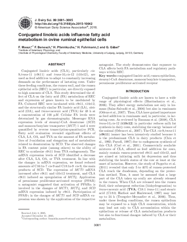 (PDF) Conjugated linoleic acids influence fatty acid metabolism in ovine ruminal epithelial cells