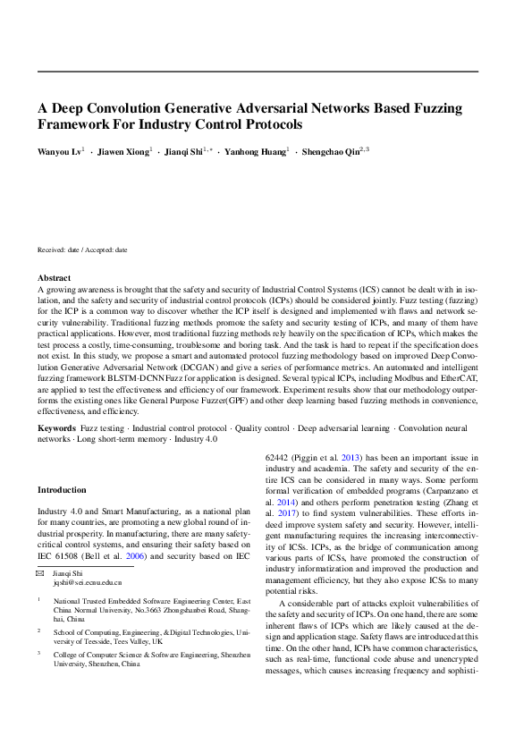 Pdf A Deep Convolution Generative Adversarial Networks Based Fuzzing Framework For Industry 